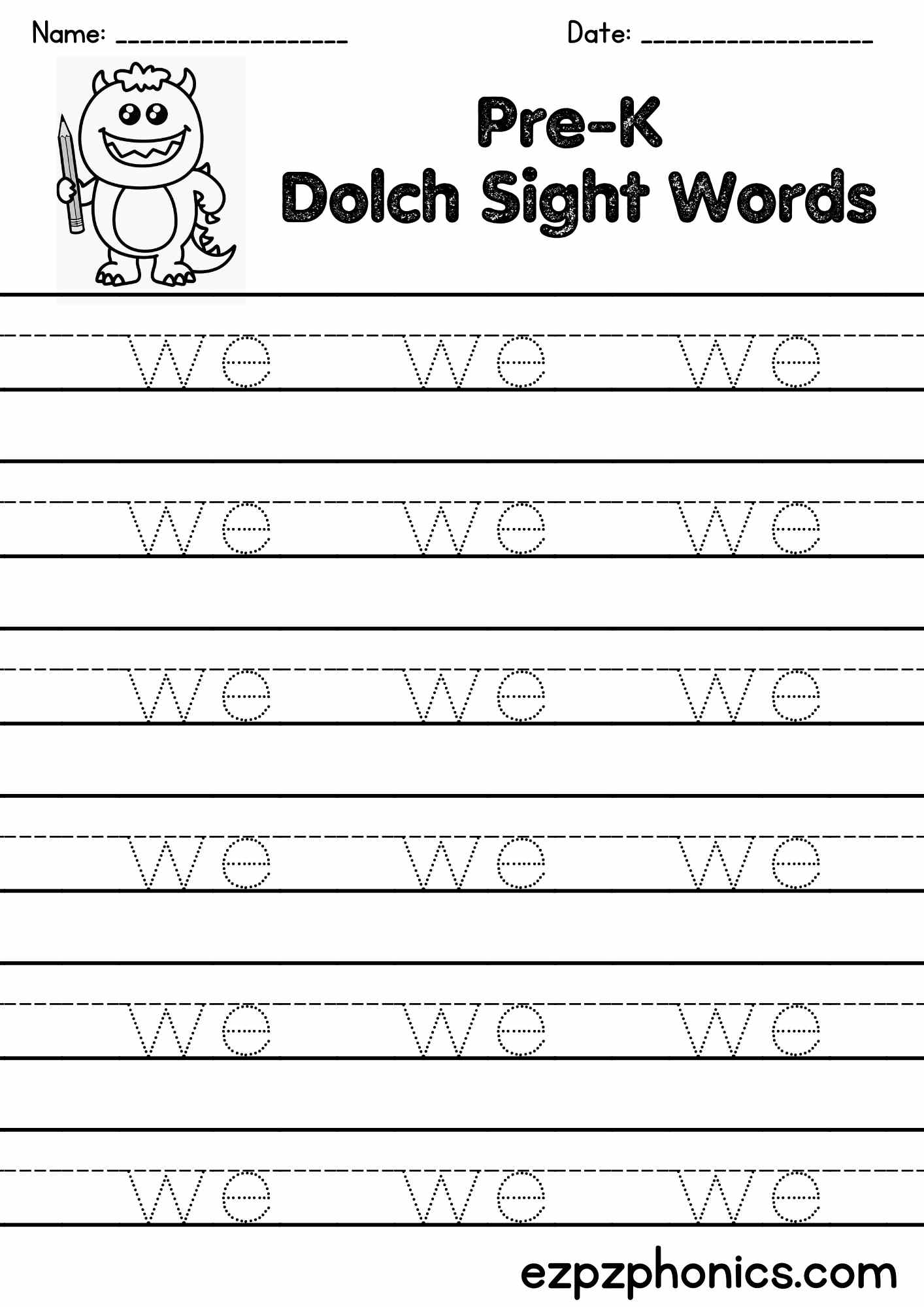 "we" Sight Word Tracing Worksheet Pre Kindergarten – Free PDF Download - ezpzphonics.com